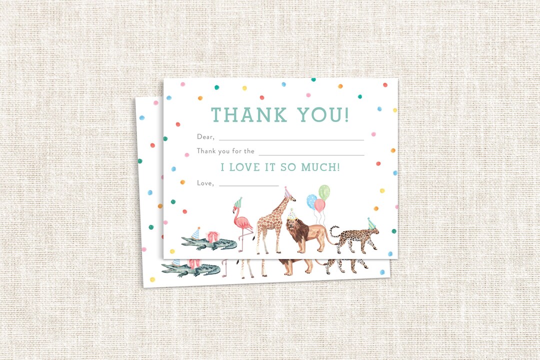 PRINTED Thank You Card | Party Animals Birthday, Fill in the Blanks ...