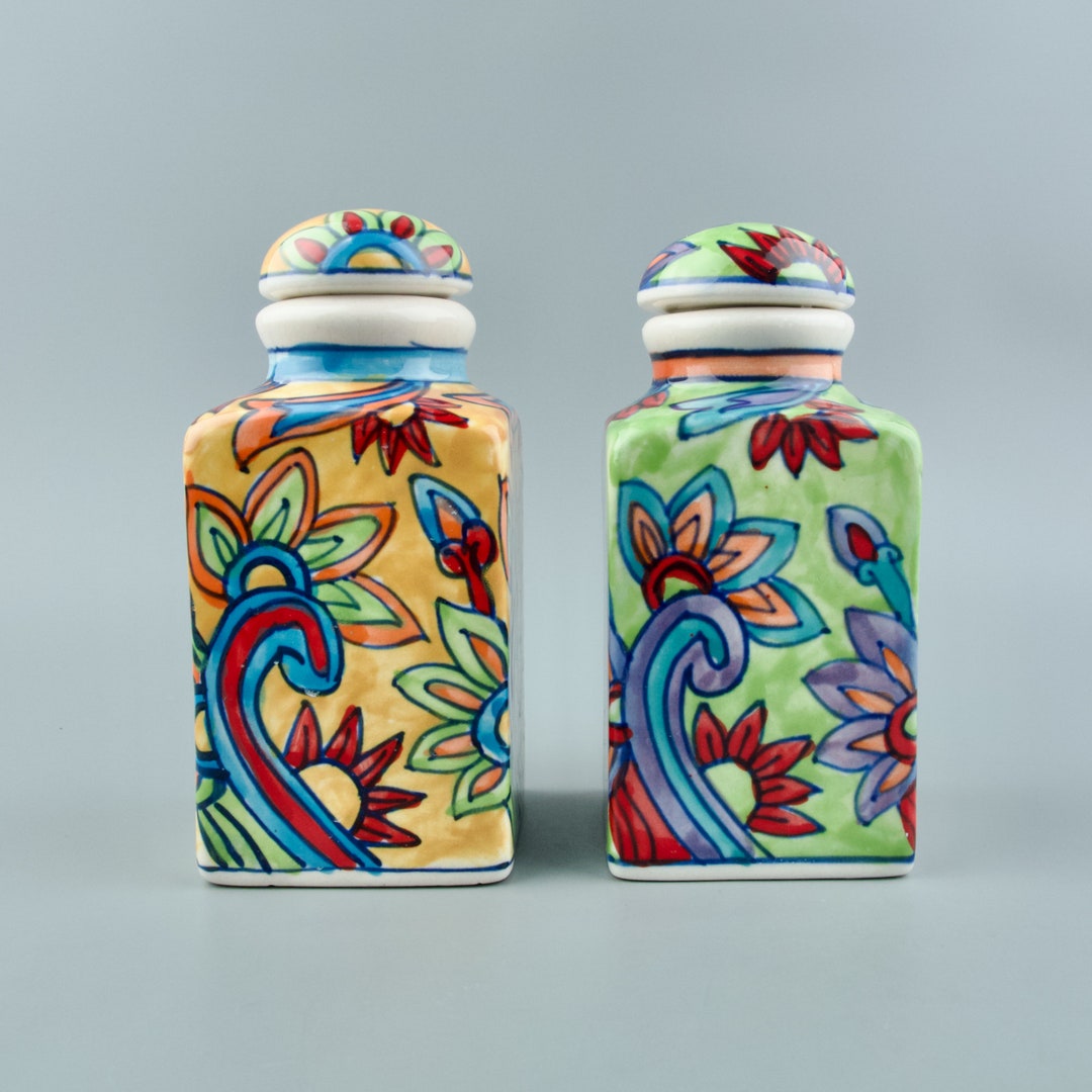 Ceramic Storage Jars Set of Two Large Handmade Colourful Square Hand ...