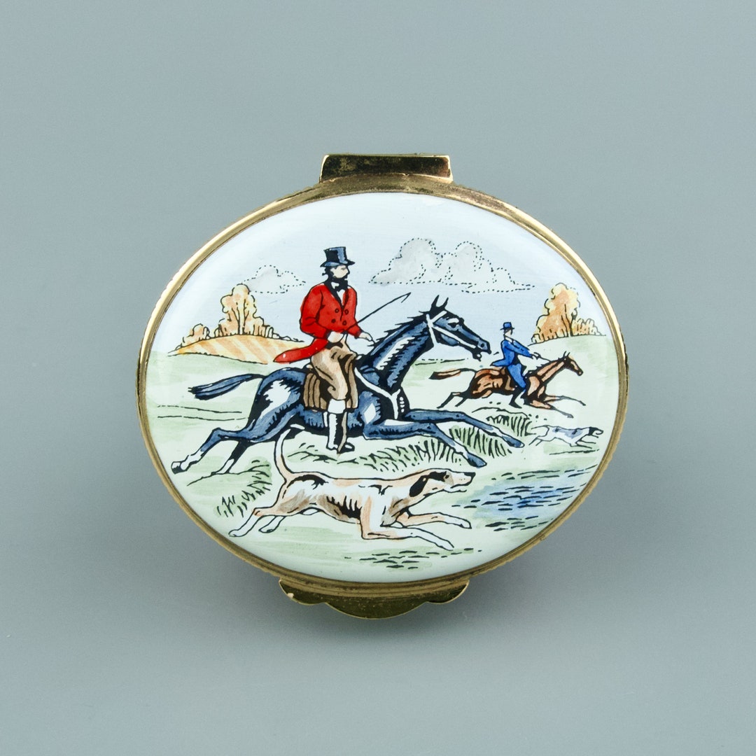 Crummles and Co Enamel Trinket Box the Hunt Oval Pill Box With Hinged Lid and Horse and Hounds ...