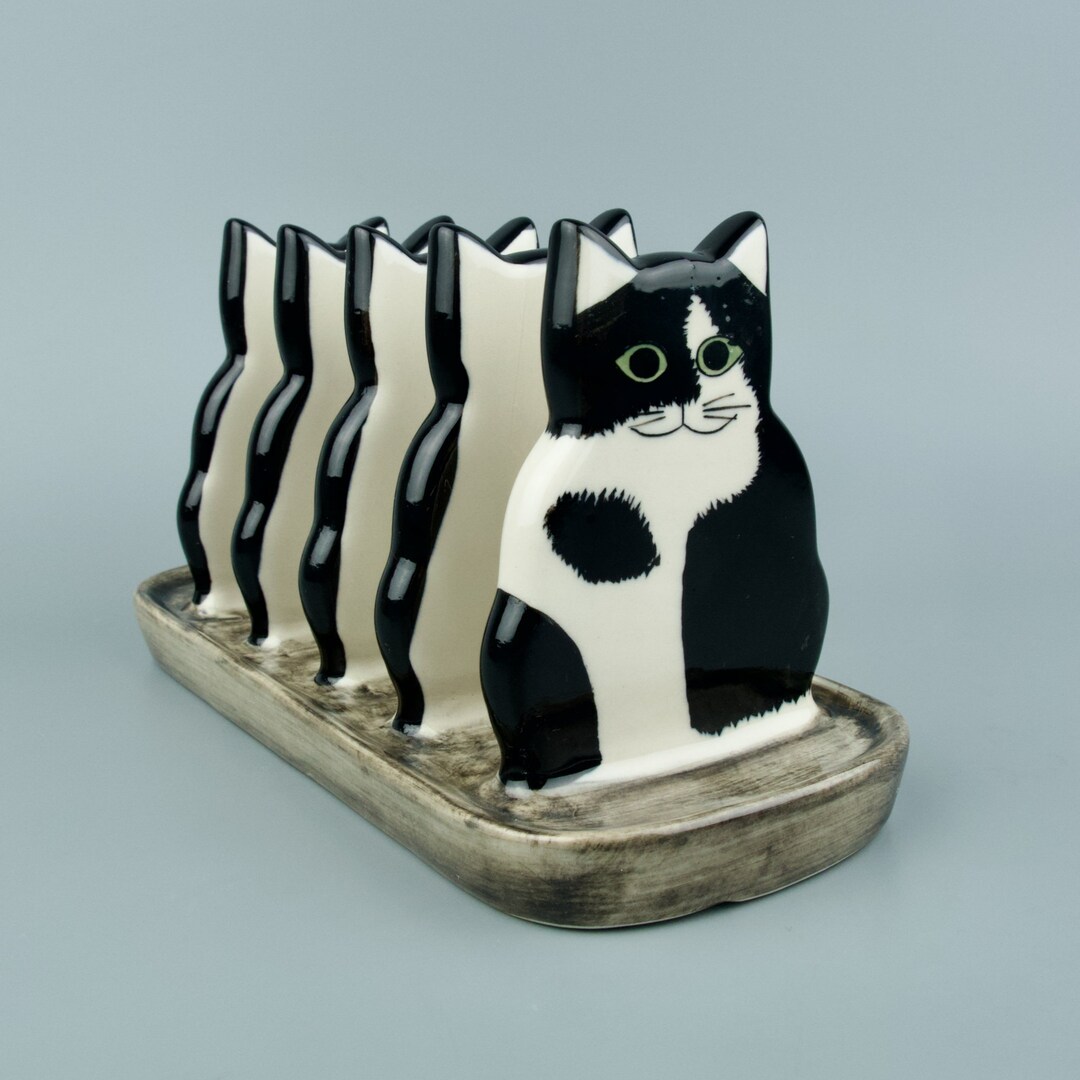 Quail Pottery Black and White Cat Toast Rack Ceramic Kitty Phone Tablet ...