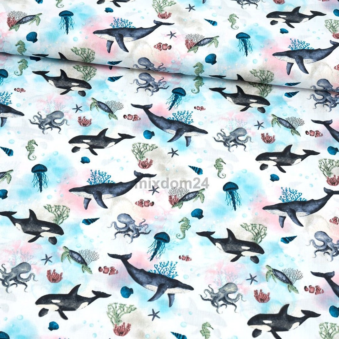 Humpback Whales Fabric by the Yard, Orca Octopus Ocean Cotton, Nautical ...