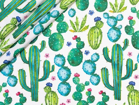 Cactus Fabric Blooming Cactus Fabric Green and Blue Cactuses | Etsy