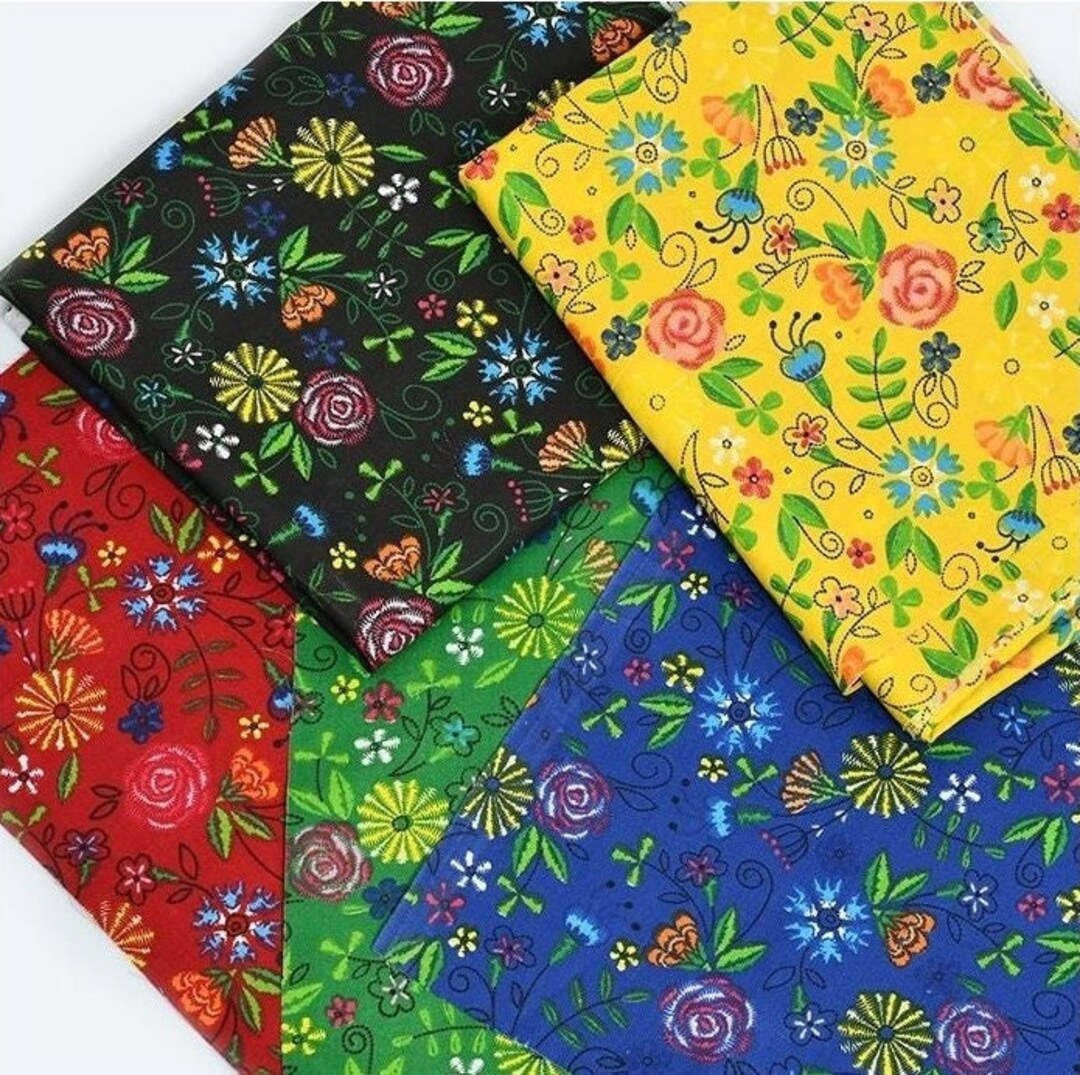 Yellow Folk Fabric by the Yard, Floral Print on Cotton, Lowicz Polish ...