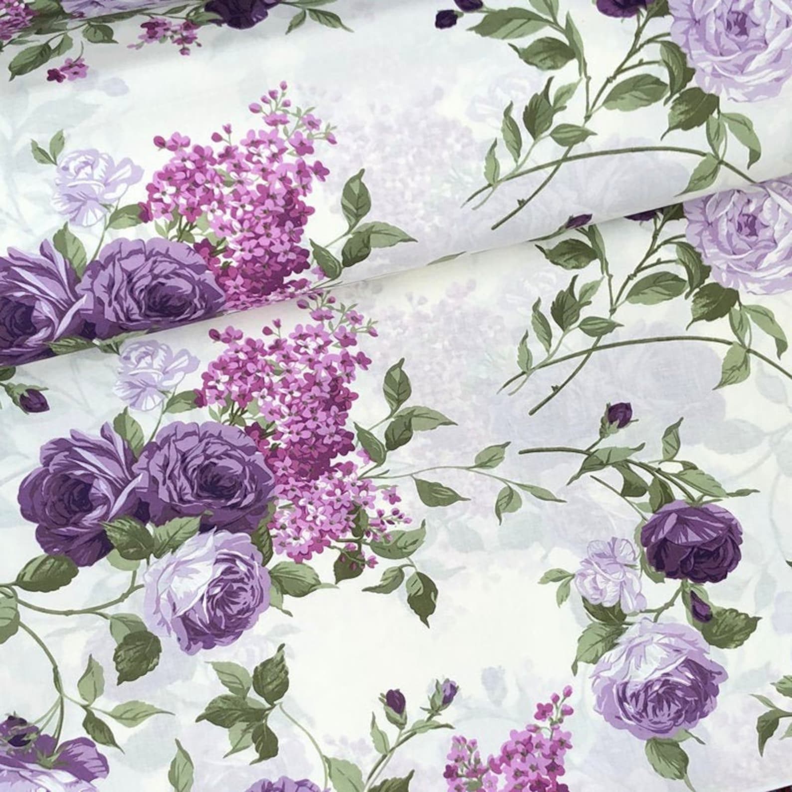 Purple Roses on Ecru Fabric by the Yard Floral Cotton for | Etsy