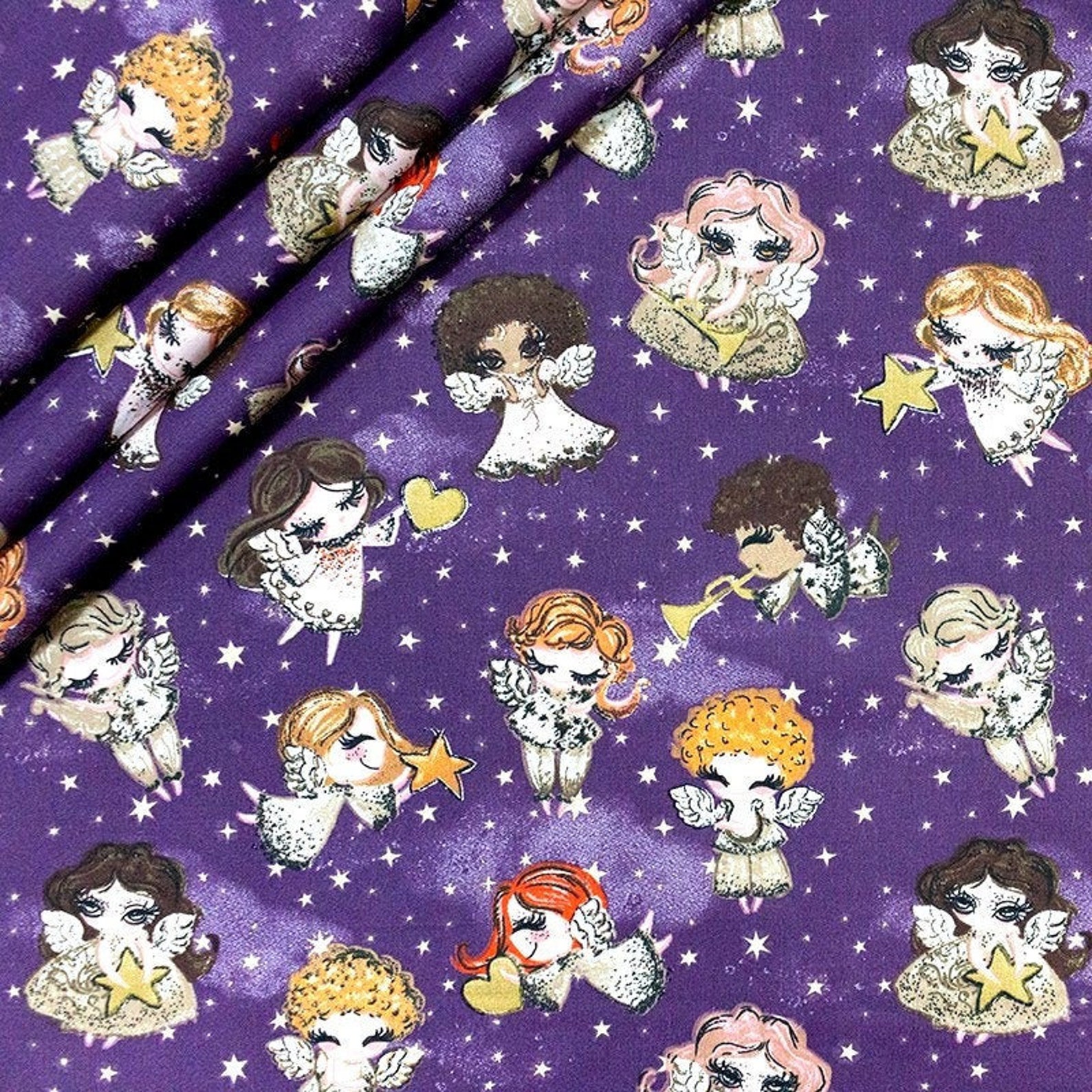 Angels cotton fabric by the yard glitter stars fabric | Etsy