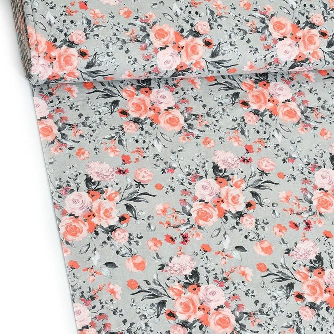 Pink Roses Fabric by the Yard, Grey Floral Kids Cotton Fabric, Boho ...