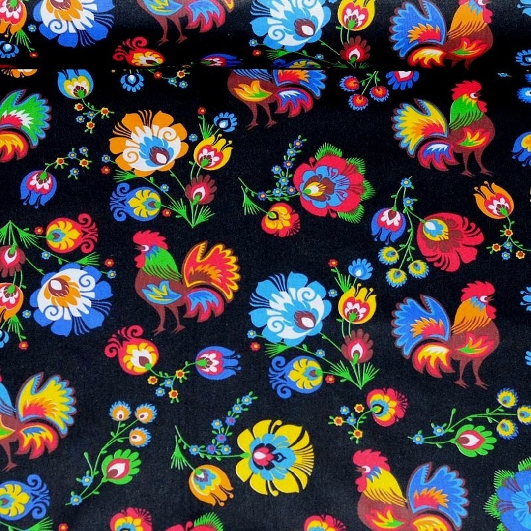 Polish Cotton Fabric by the Yard, Folklore Print, Rooster on Black ...