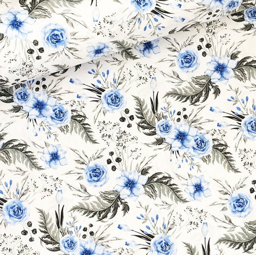 Blue Roses Fabric by the Yard, Floral Print on Cotton - Etsy