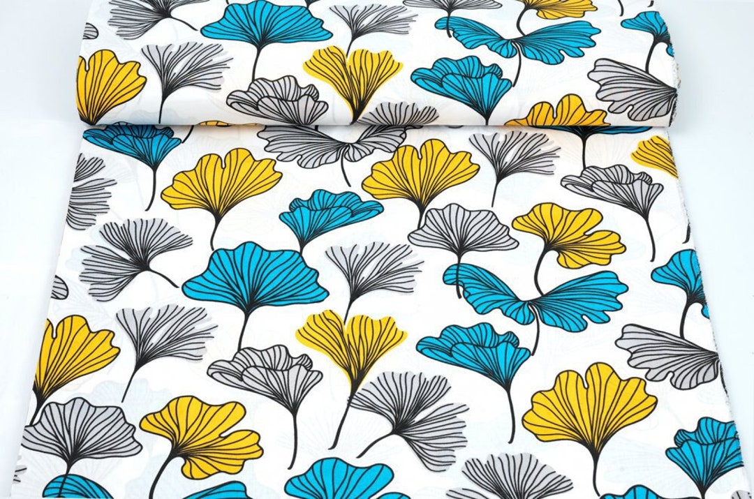 Ginkgo Biloba Print Fabric by the Yard, Gingko Leaves on White Cotton ...