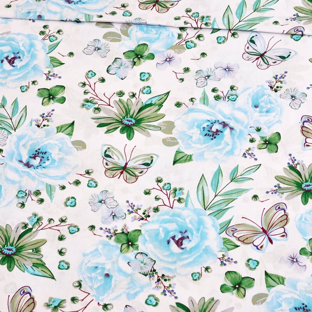 Butterflies and Roses Fabric by the Yard, Blue Roses Print on Cotton - Etsy