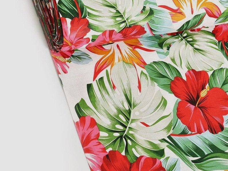 Hibiscus fabric by the yard Tropical flower Hawaii cotton | Etsy