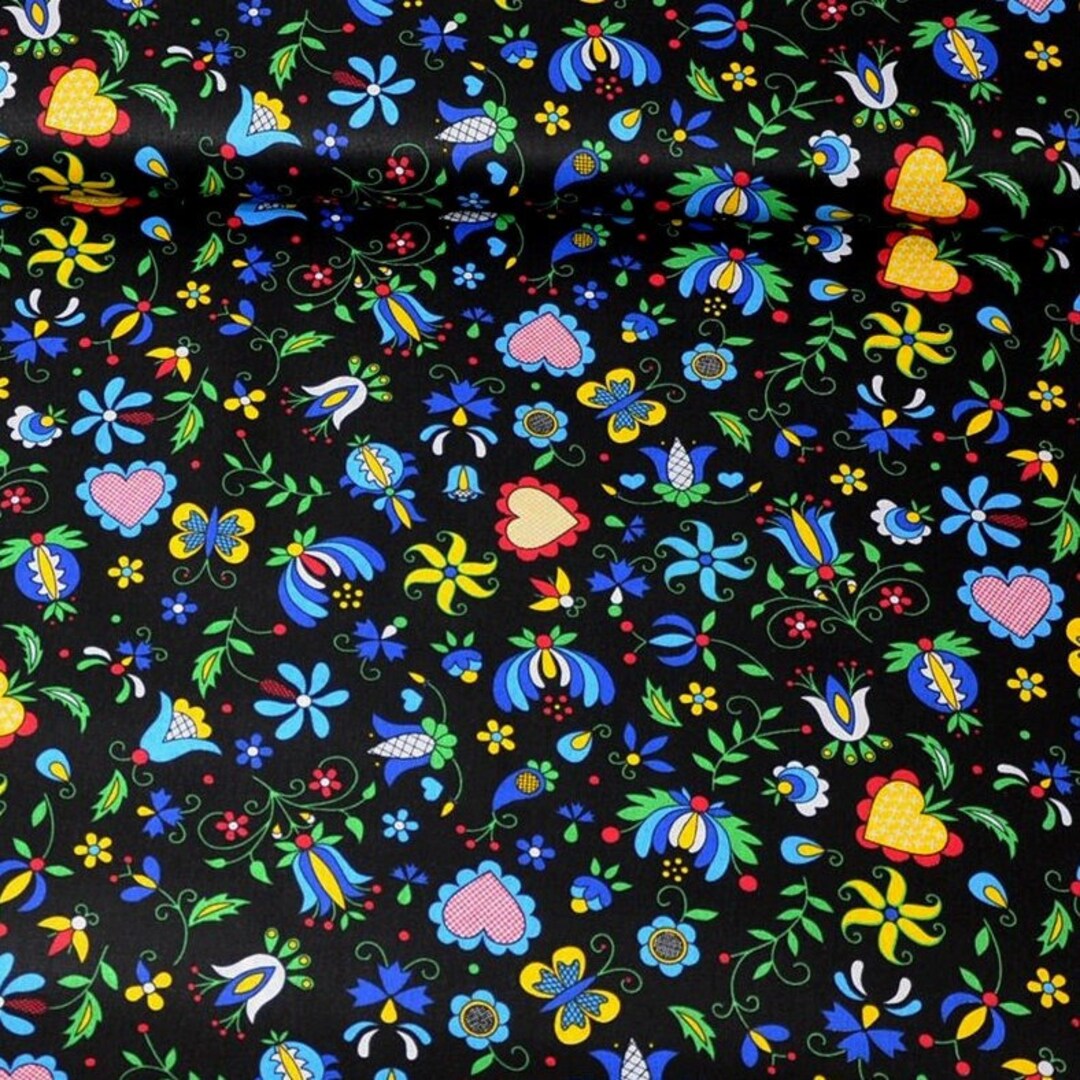 Black Folk Cotton Fabric by the Yard, Kashubian Polish Fabric Russian ...