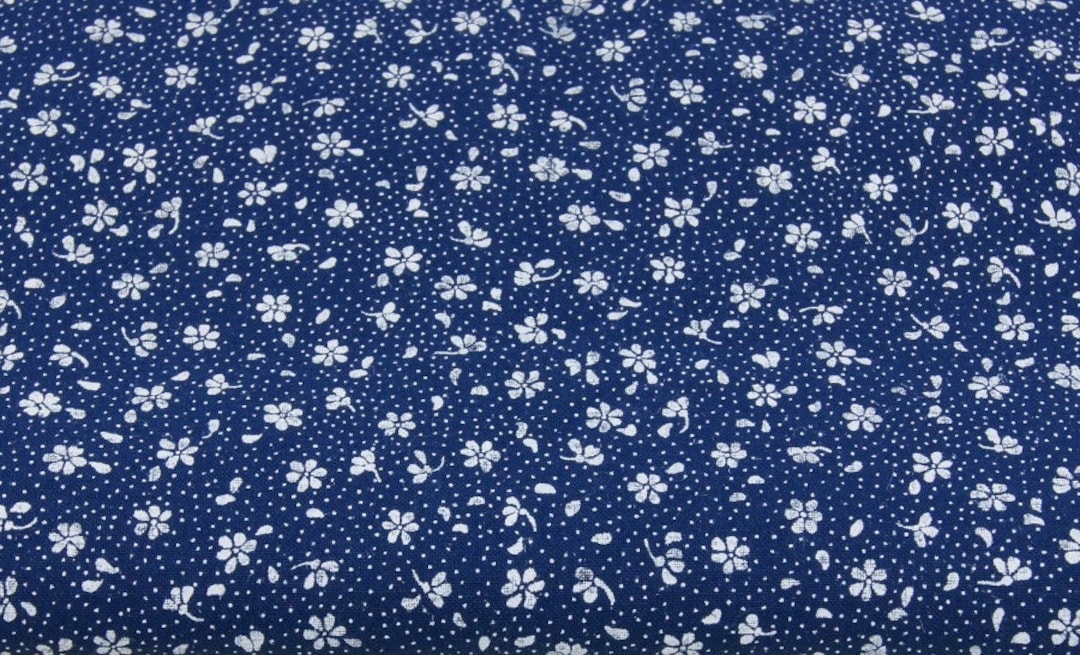 Small White Flowers on Navy Blue Fabric, Flowers Print, Floral Folk Art ...