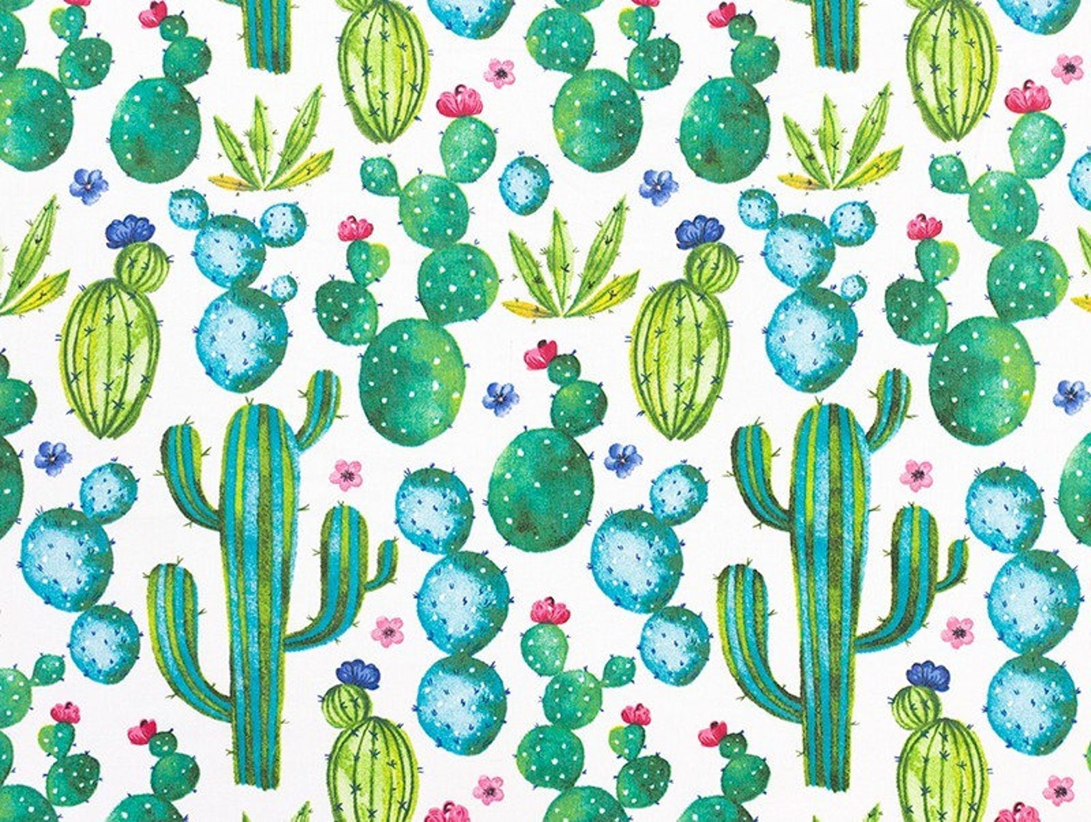 Cactus Fabric Blooming Cactus Fabric Green and Blue Cactuses | Etsy