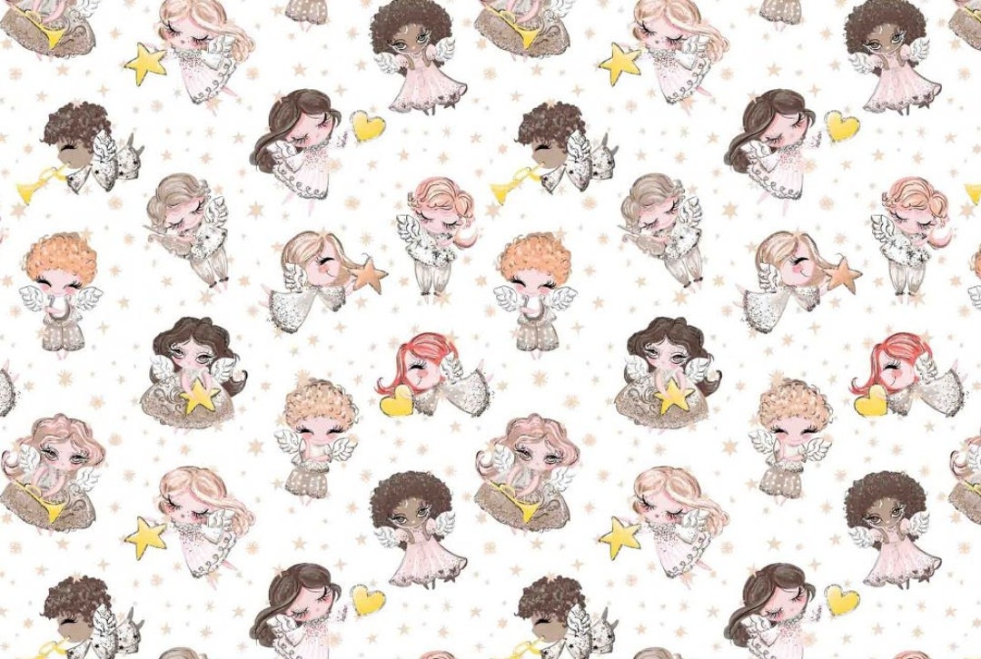 Angels Cotton Fabric by the Yard, Glitter Stars Fabric, Guardian Angels ...