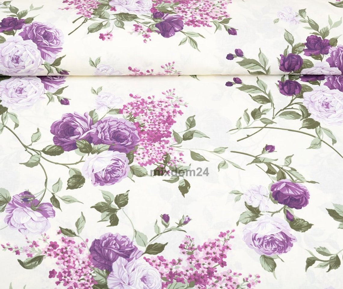 Purple Roses on Ecru Fabric by the Yard Floral Kids Cotton - Etsy