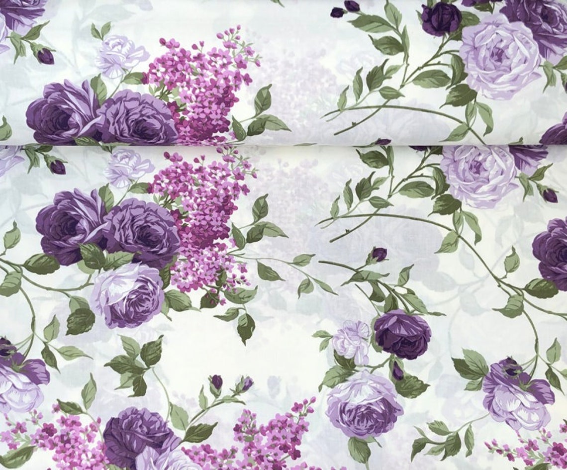 Purple Roses on Ecru Fabric by the Yard Floral Cotton for | Etsy