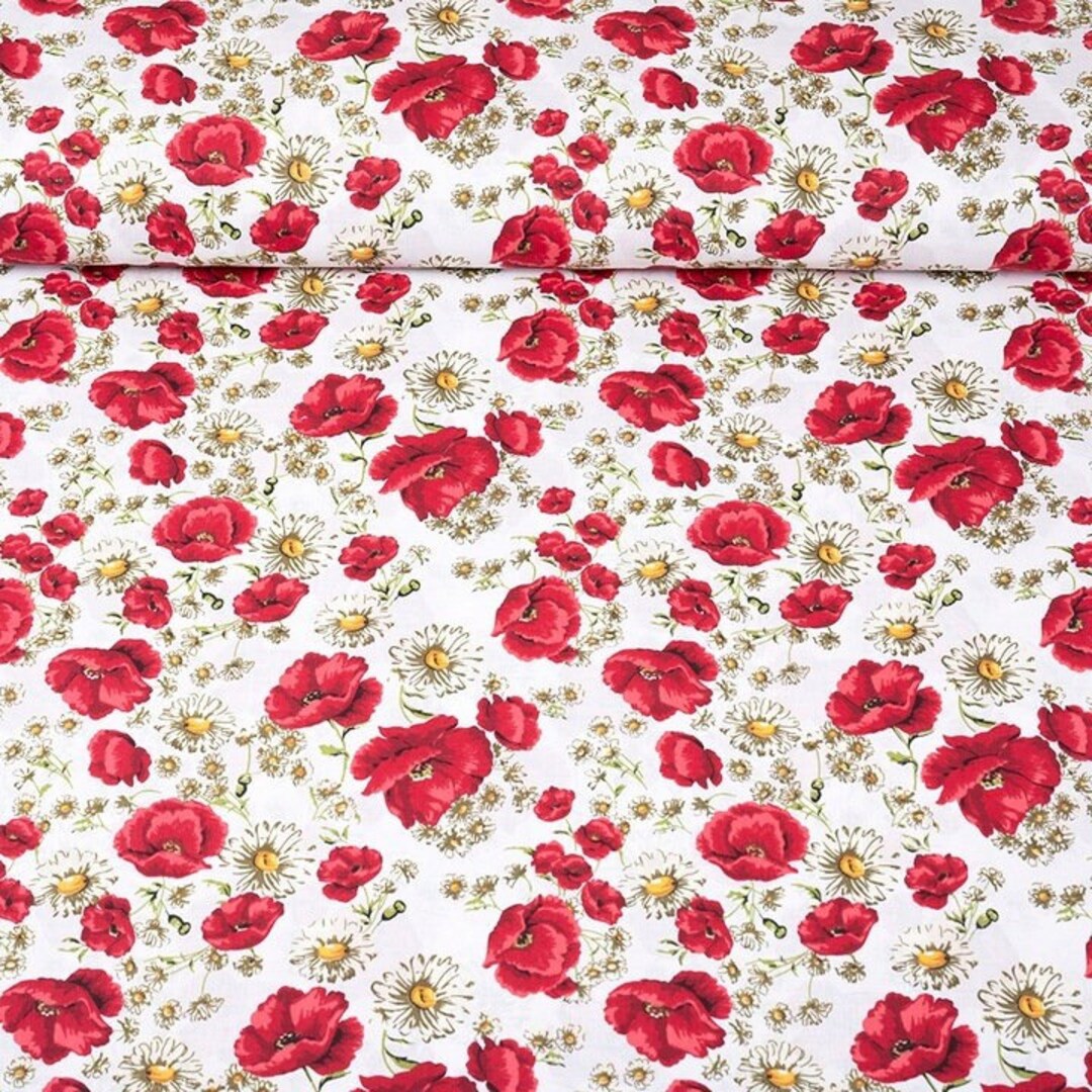 Poppy Flowers Fabric by the Yard, Red and White Floral Cotton, Boho ...