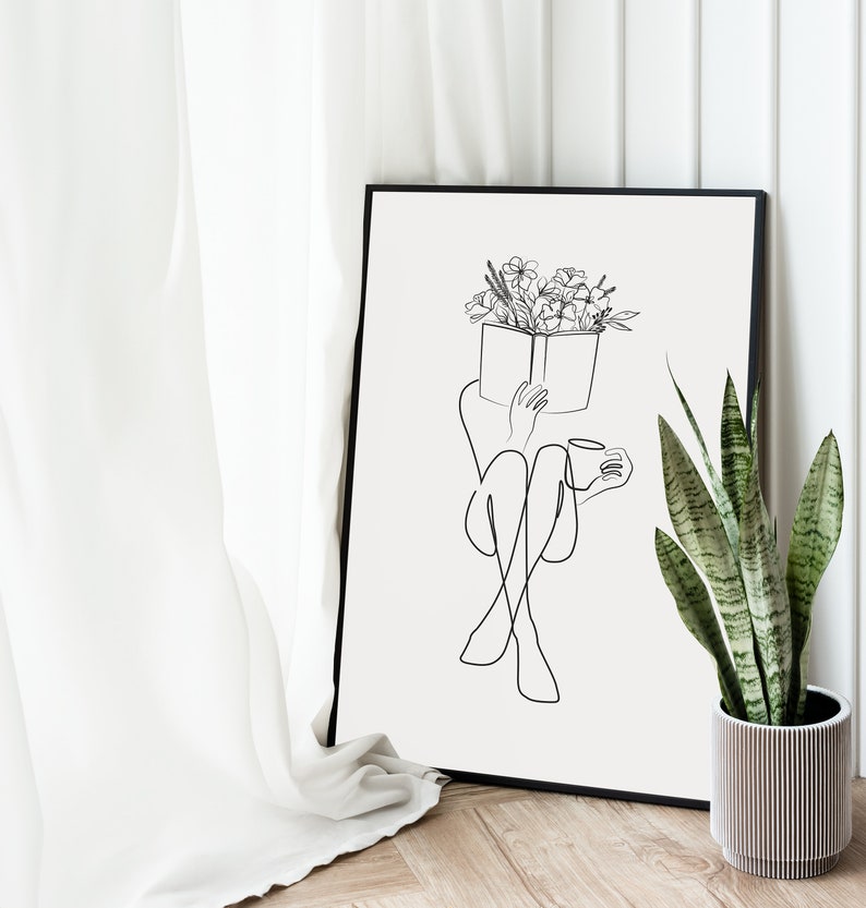 Nude Woman Reading Book Continuous Line Art Sensual Bookish One Line Art Drawing Floral Wall