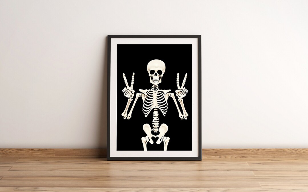 Peace Sign Skeleton Happy Skull Print, Modern Boho Spooky Season ...
