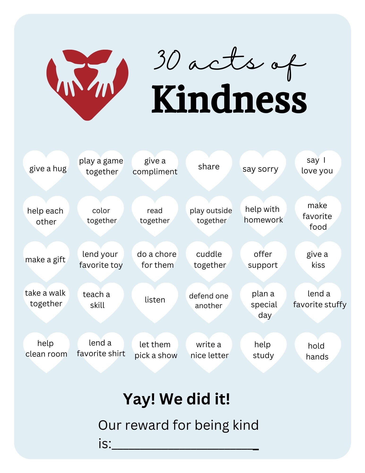 Kindness Rewards Chart--sibling Rewards--behavior Chart-acts of ...
