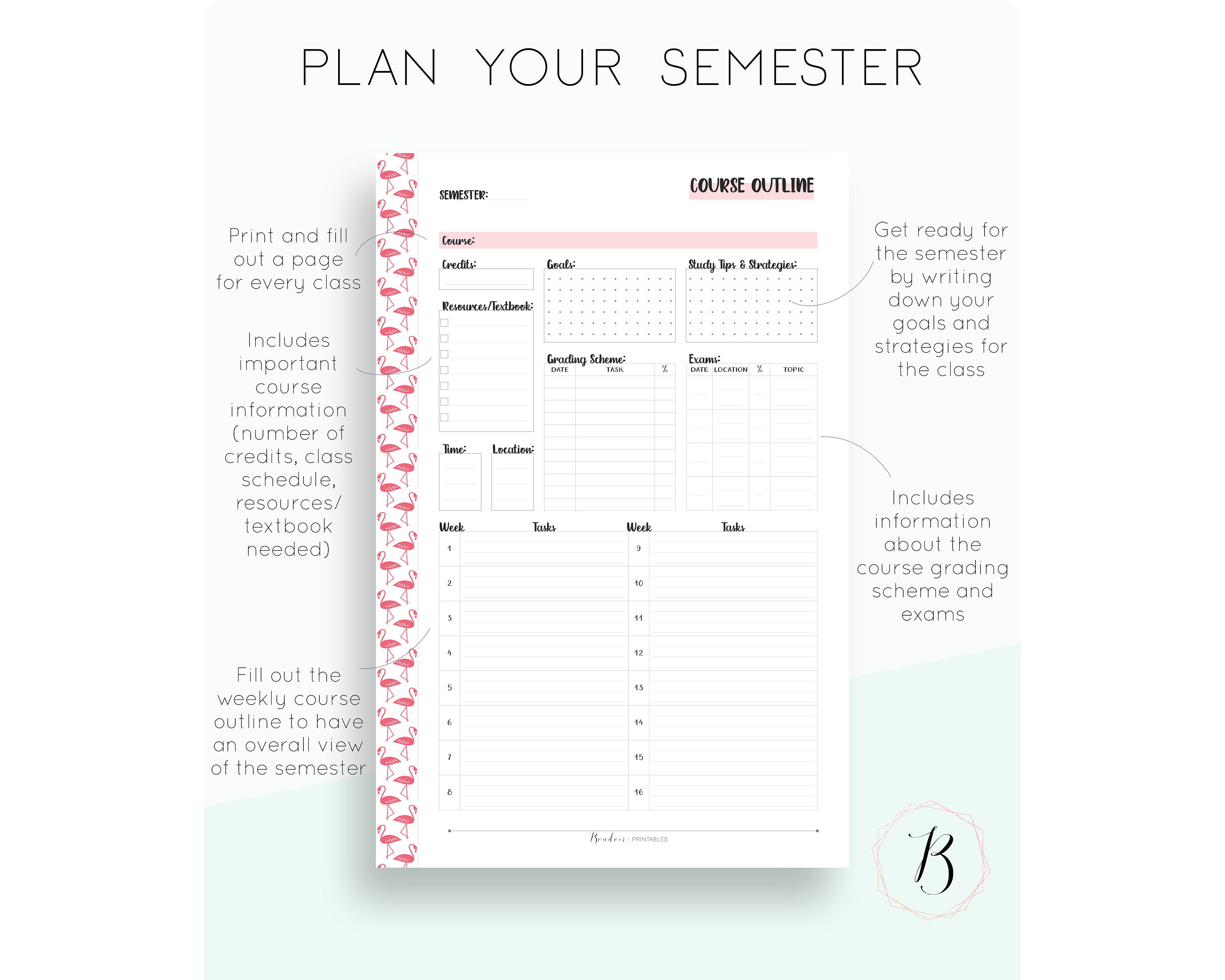 Course Outline Syllabus Printable PDF Planner Inserts; School College ...