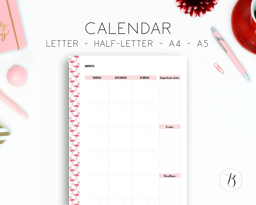 Undated Monthly Calendar Printable PDF Planner Insert; College Student ...