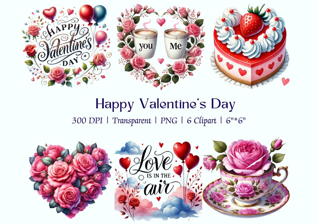 Romantic Valentine's Day Digital Clip Art, Watercolour Clipart, Party ...