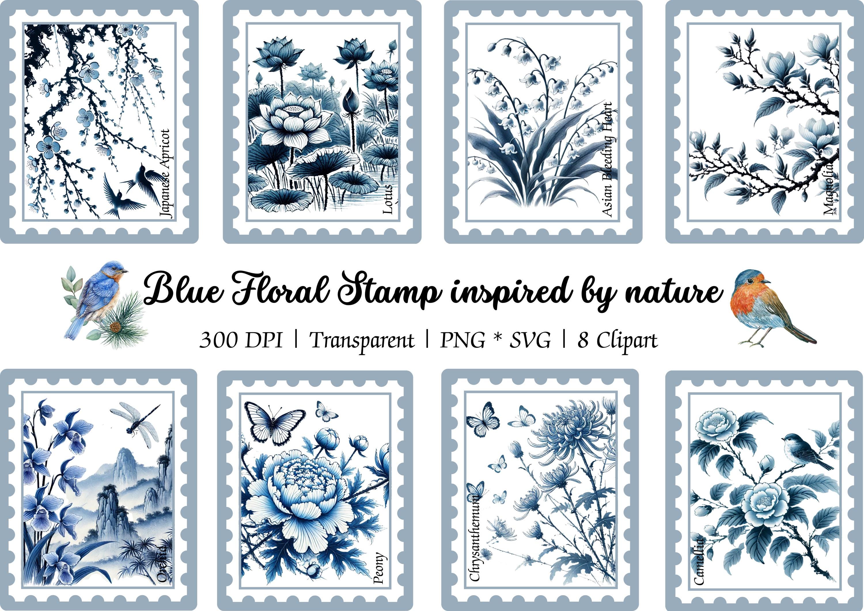 Blue Floral Stamp Digital Clip Art, Flower Plant Stamp, Digital ...
