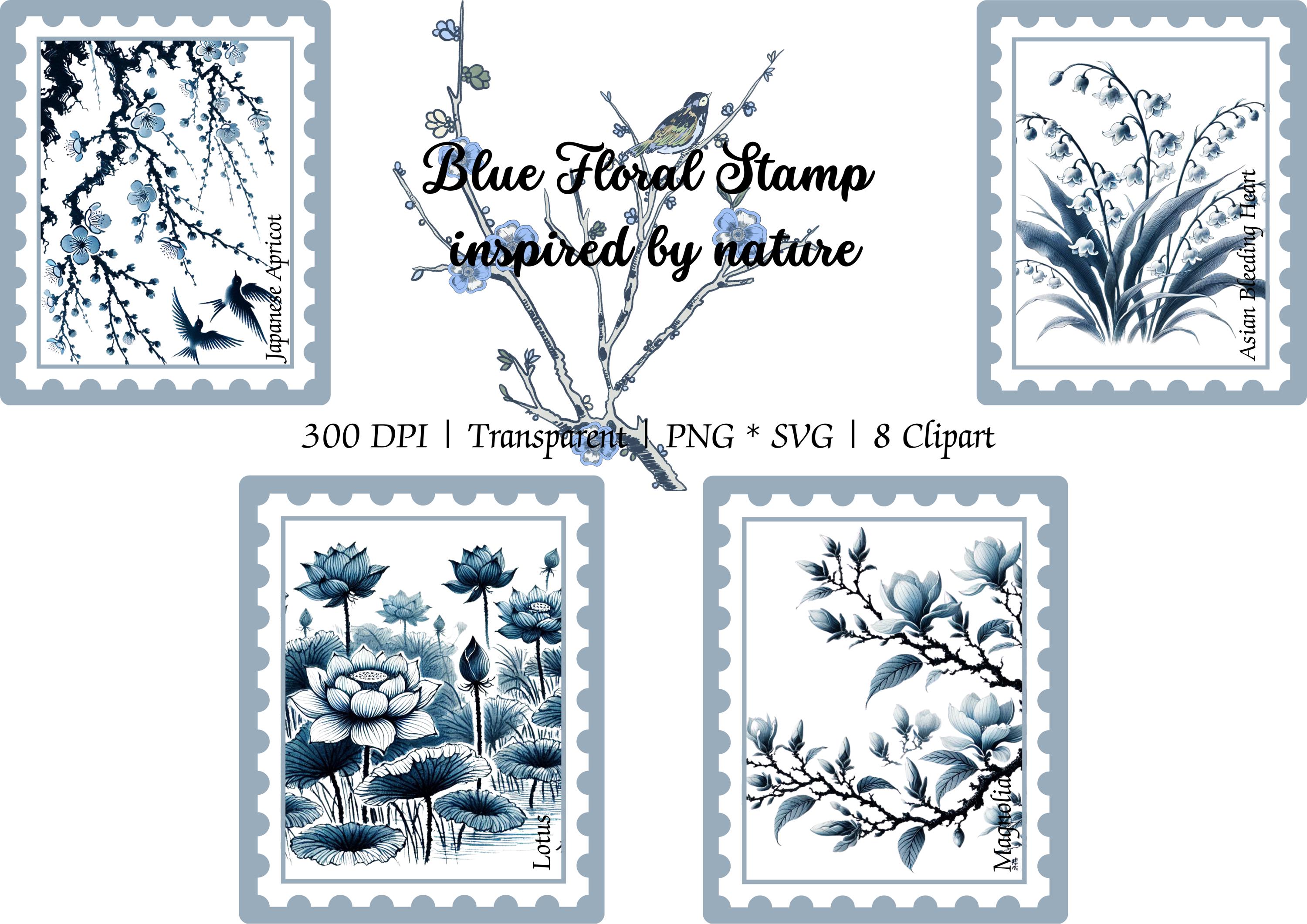 Blue Floral Stamp Digital Clip Art, Flower Plant Stamp, Digital ...