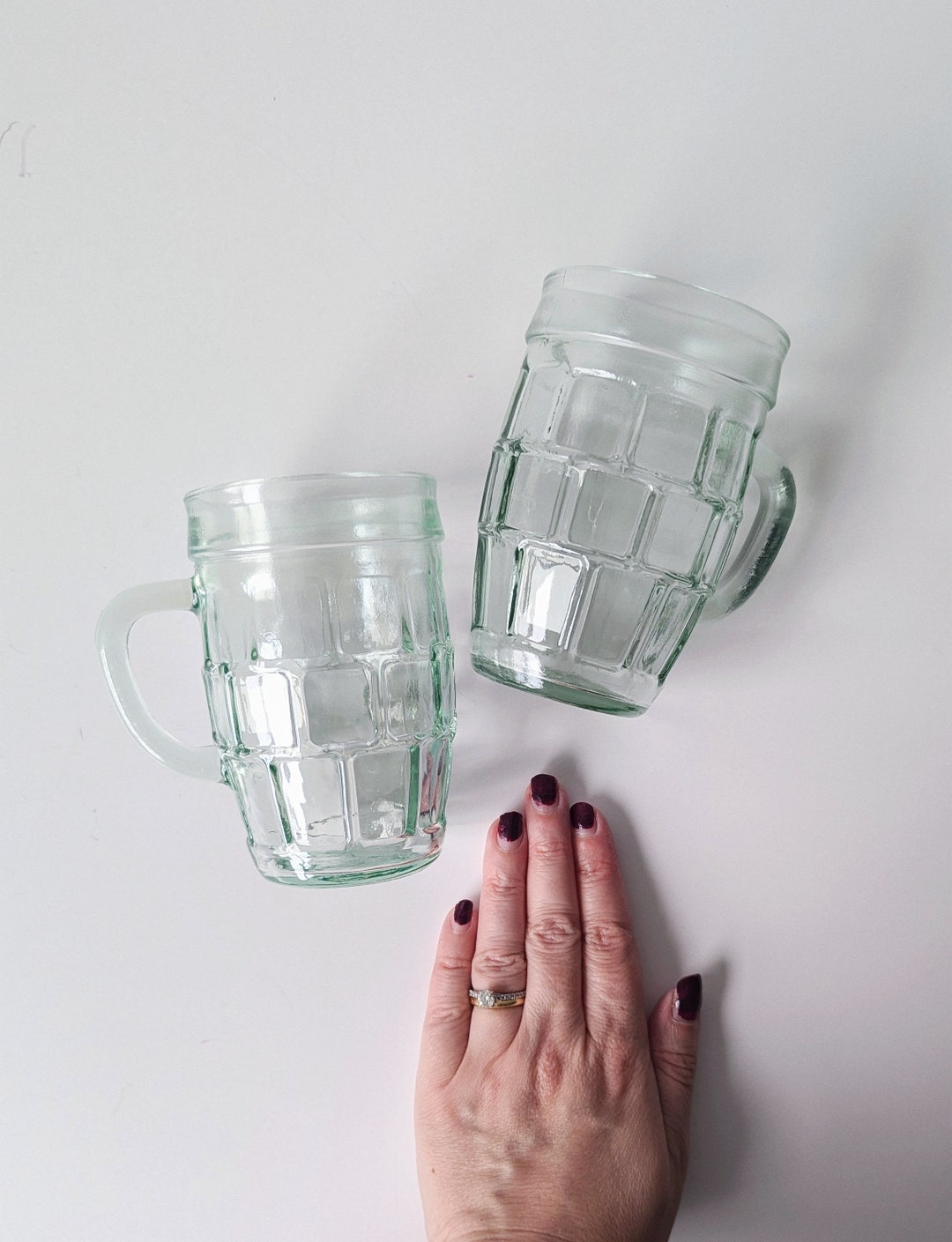 Vintage 1970s Vintage Green Transparent Glass Barrel Mugs, Green Barrel ...