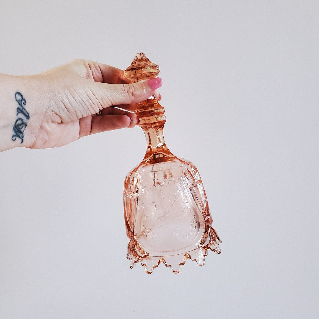 Vintage Rare Pink Glass Bell With Etched Design, Pink Depression Glass ...