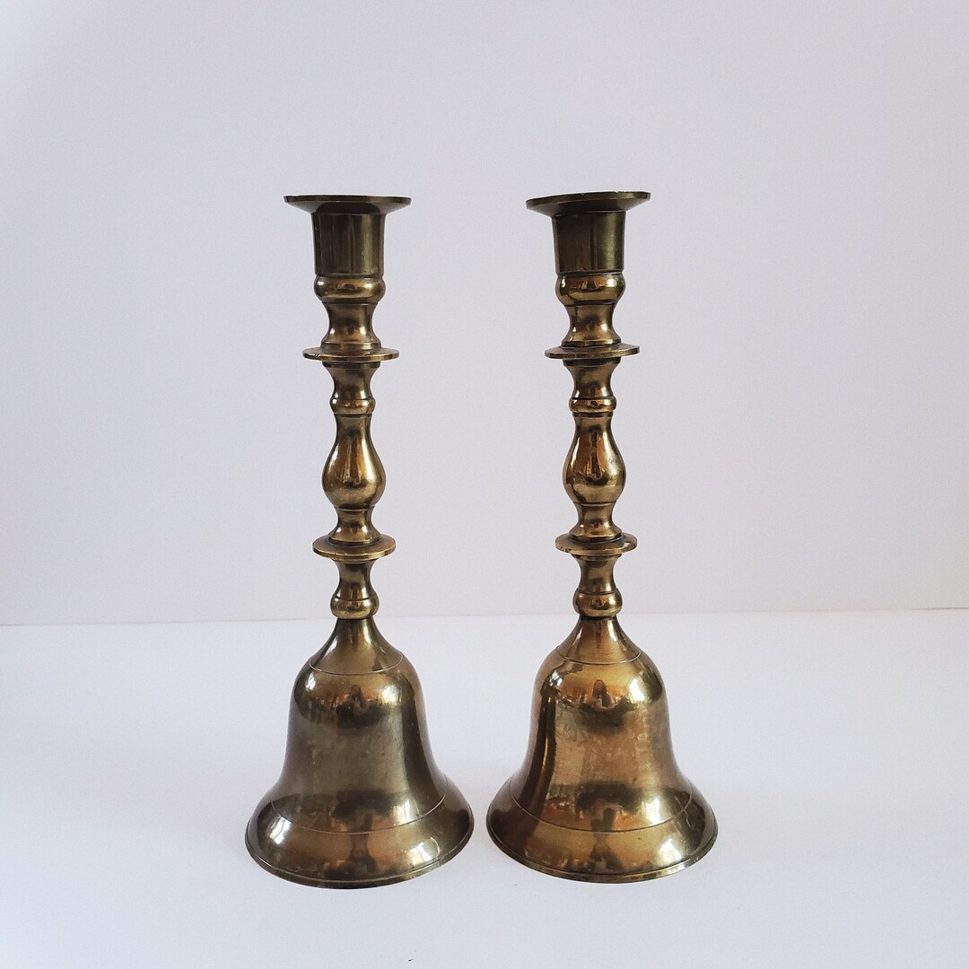 Vintage Large Ornate Brass Bell Candlestick Holders , Solid Brass ...