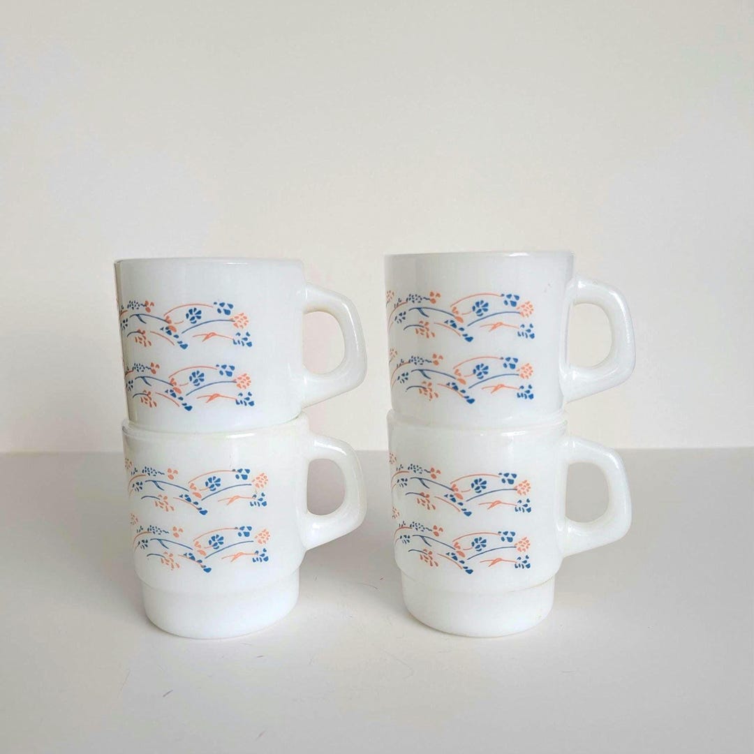 Vintage 1960s Termocrisa Galaxy Milk Glass Mug Set, White, Blue and ...
