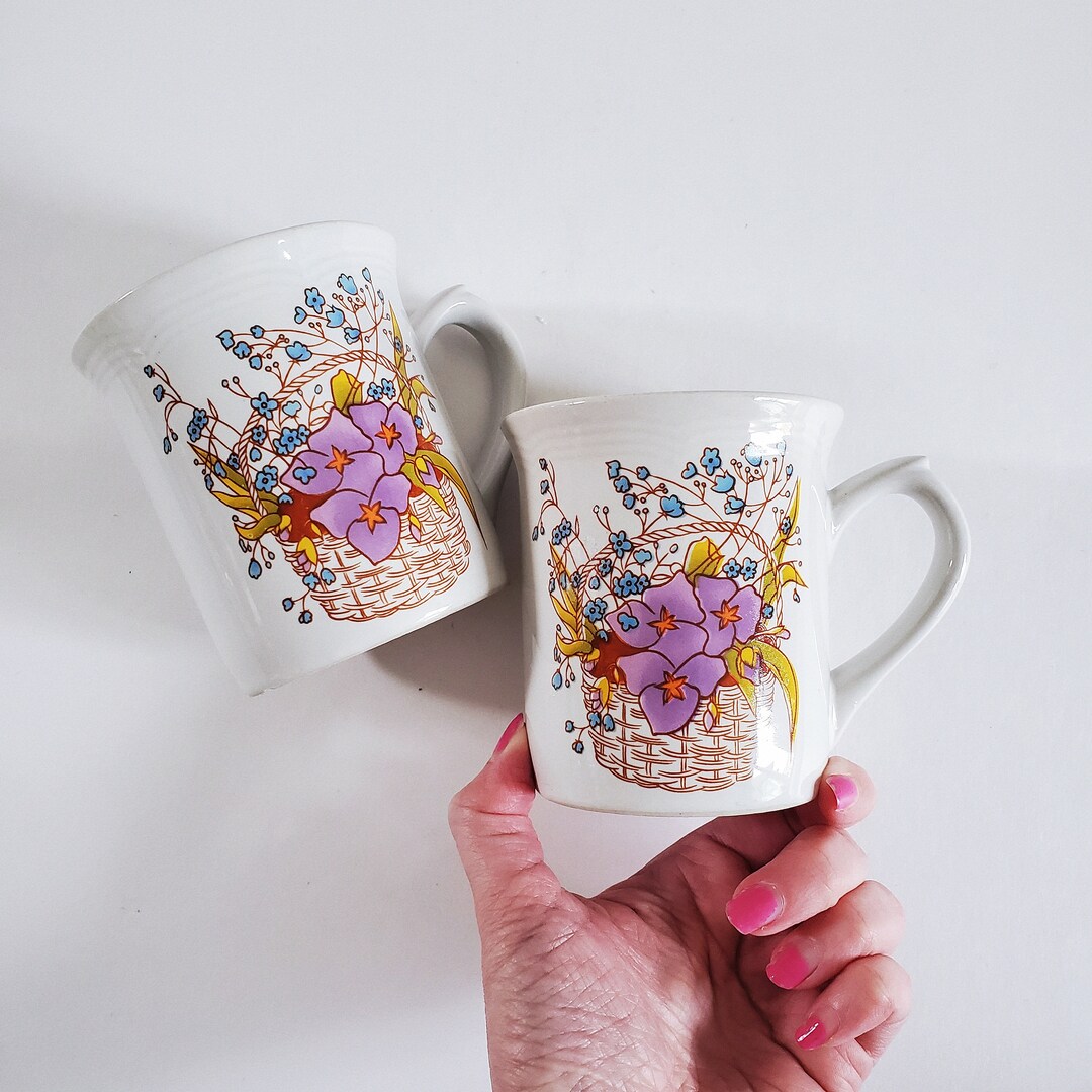 Vintage 1970s Floral Stoneware Mugs - Retro Coffee Cup Set - Etsy