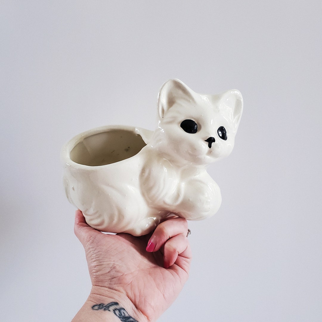 Vintage MCM Ceramic White Cat Planter Vase, Pottery Cat Planter, Cactus ...