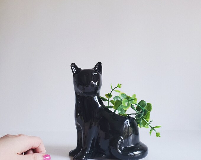 Vintage 1960 Ceramic Black Cat Planter Vase, Pottery Cat Planter ...