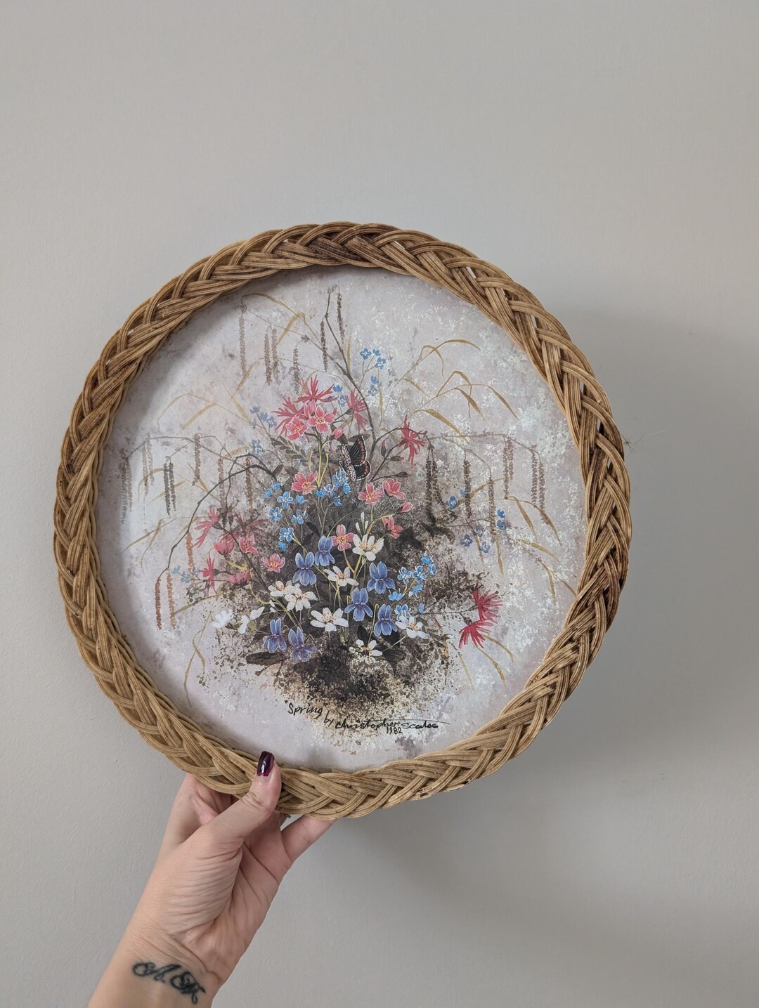 Vintage MCM Round Melamine Tray "spring" by Christopher Scales, Wicker ...