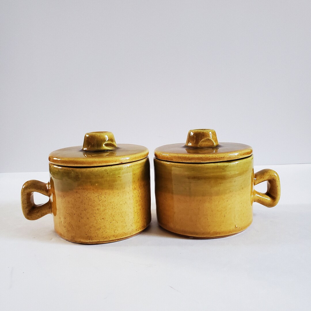 Vintage Rare Retro Mid Mod Canada Soup Mugs With Lid, Yellow Stoneware ...