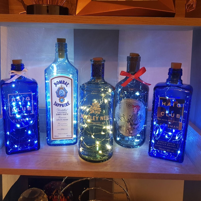 Light up Gin Bottles,blue Glass Bottles,blue Glass Collection,garden ...