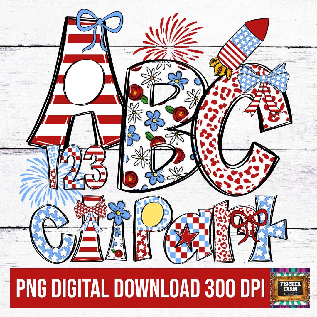 4th of July Alphabet Set, American Flag Doodle Letters, Retro American ...