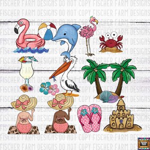 Summer PNG Alphabet Bundle, Doodle Alphabets, Flamingo, Crab, Sunshine ...