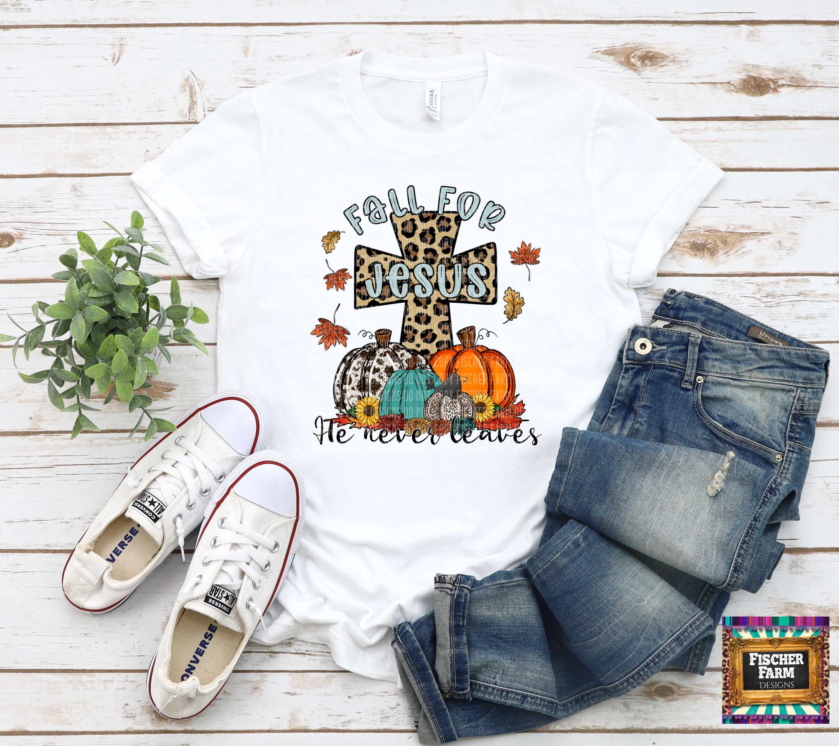 Fall for Jesus He Never Leaves, Leopard, Cross, Pumpkins, Sunflowers ...
