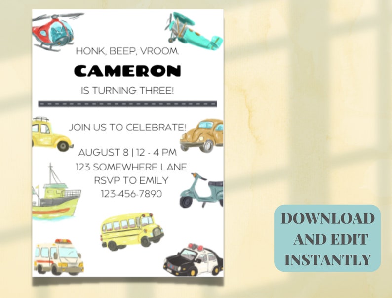 Transportation Birthday Invitation Editable Vehicles Birthday - Etsy