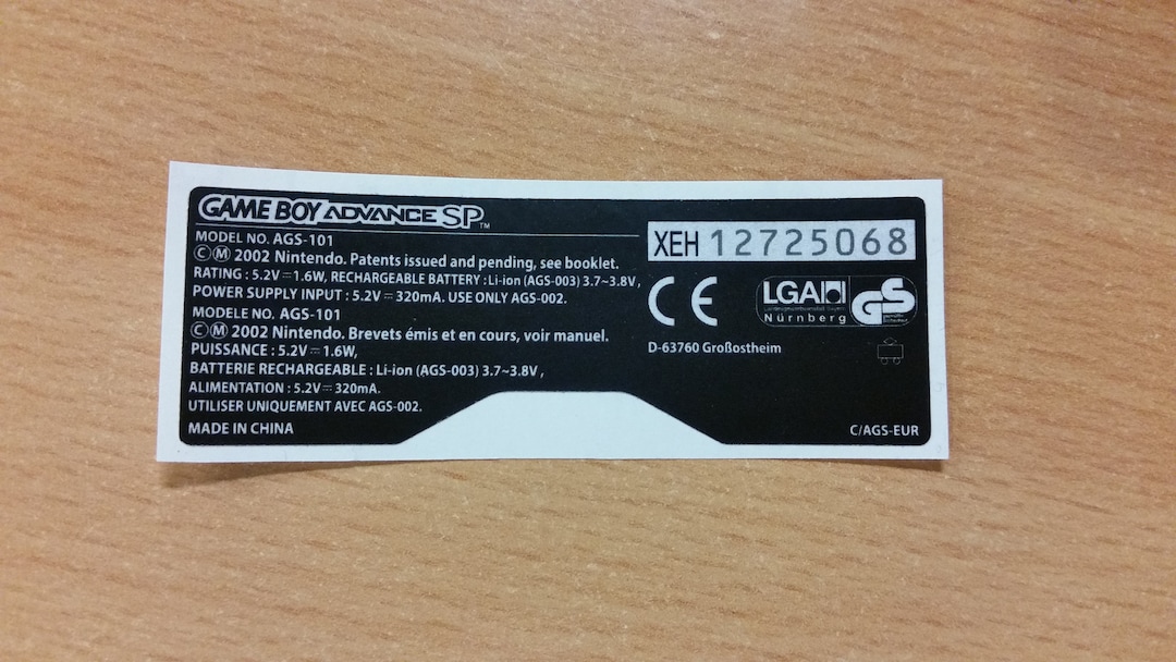 Gameboy Advance SP AGS-101 Back Label Cartridge Replacement Label ...