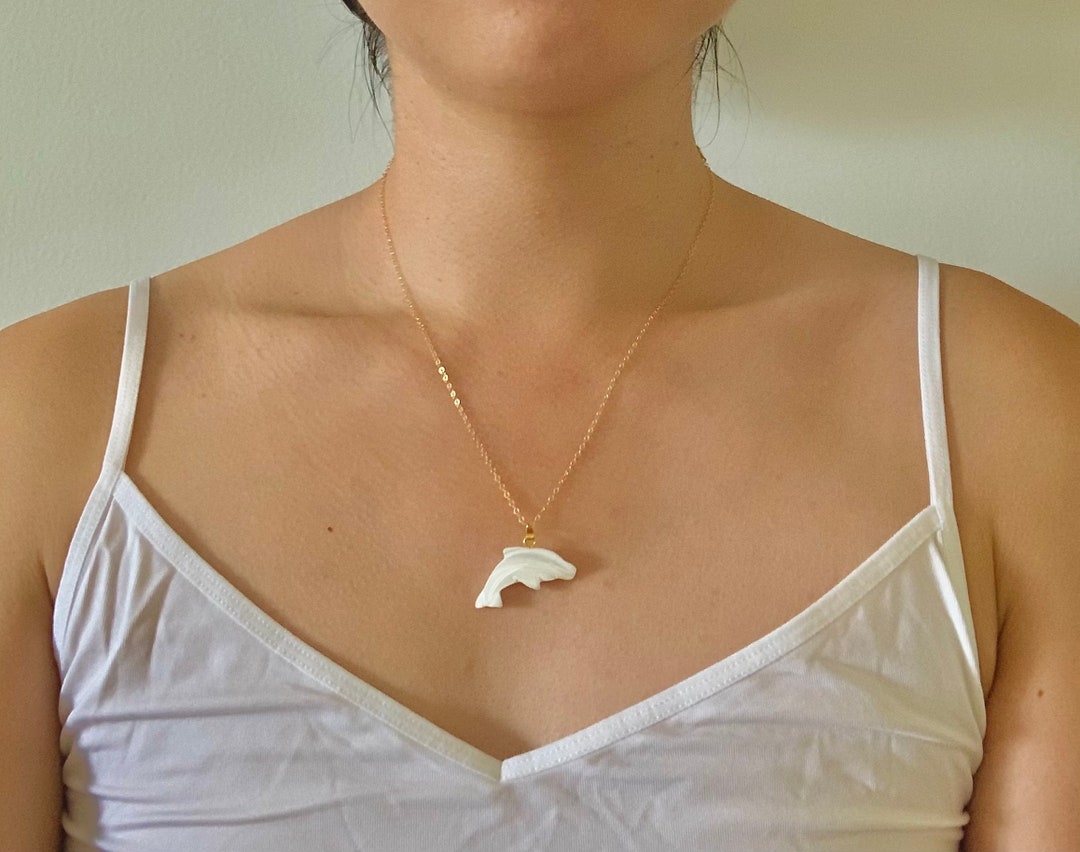 White Mother of Pearl Dolphin Necklace With 14k Gold Chains, Ocean ...