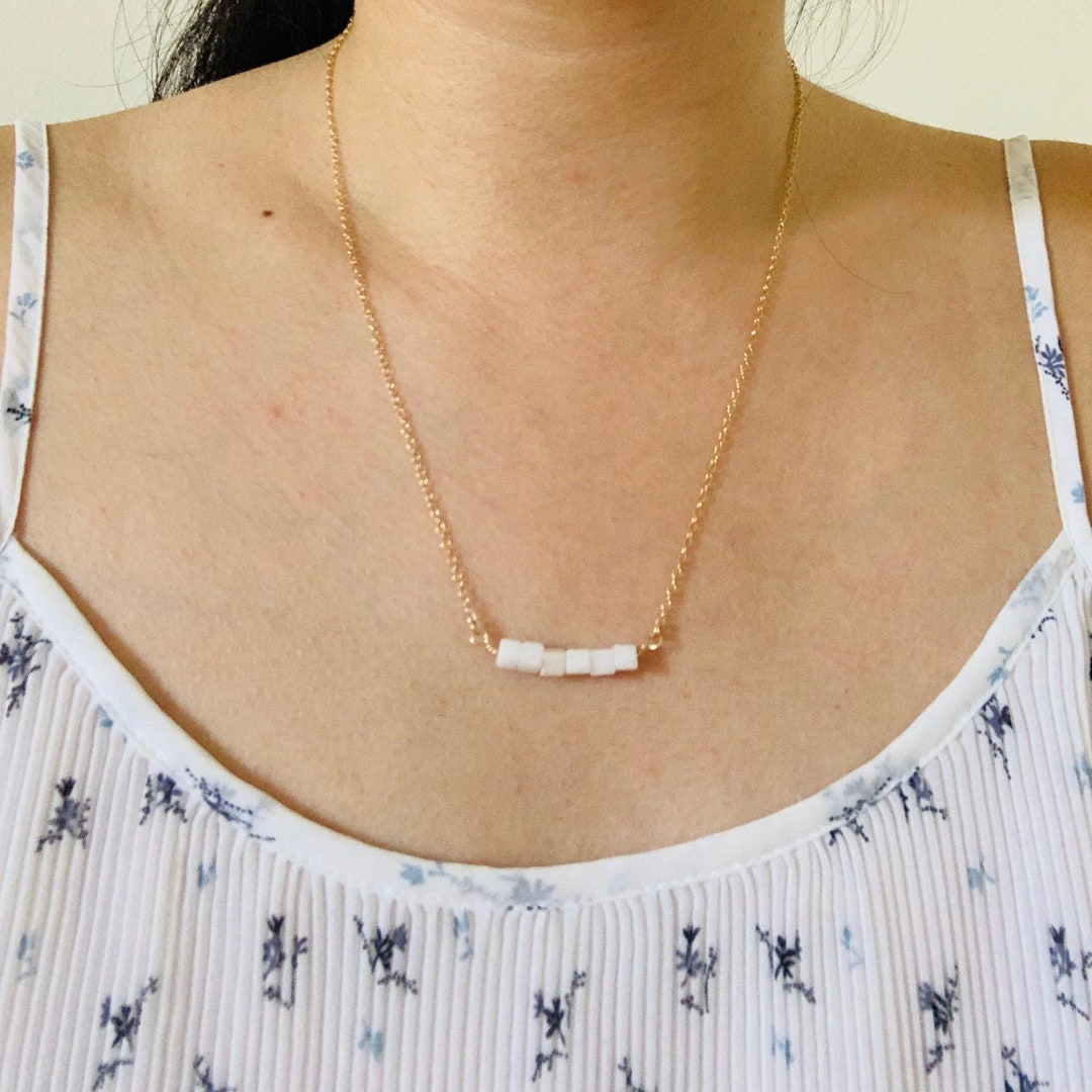 Solid White Jade 4mm Square Beaded Bar Necklace With 14k Gold Filled ...