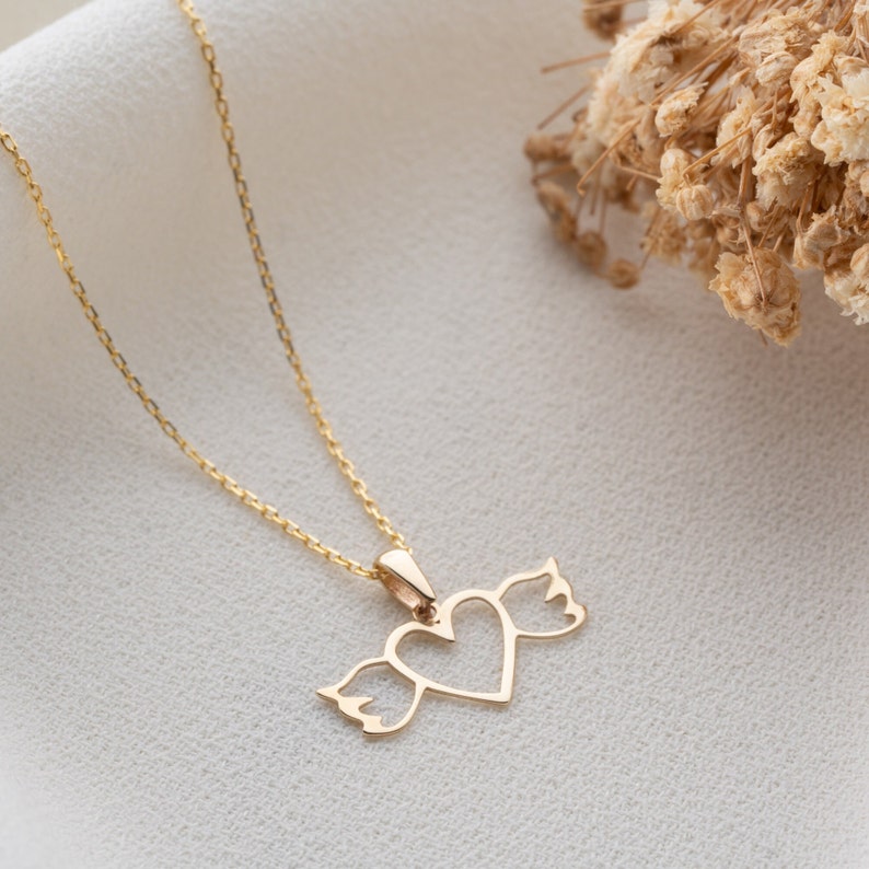 14K Solid Gold Angel Wing Necklace Winged Heart Necklace - Etsy