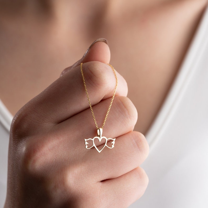 14K Solid Gold Angel Wing Necklace Winged Heart Necklace - Etsy