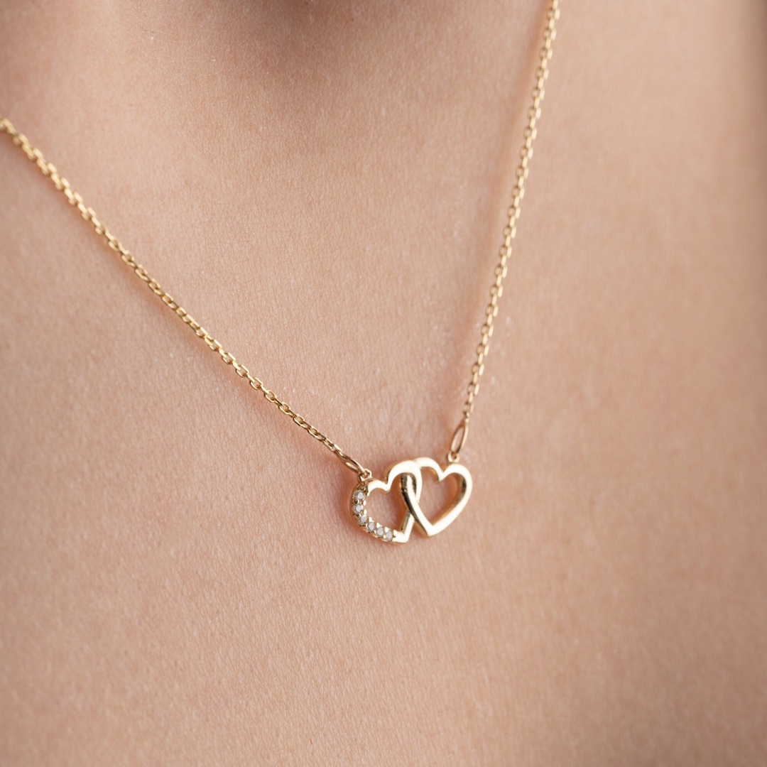 14K Solid Gold Double Heart Necklace, Solid 14K Gold Heart Necklace for ...